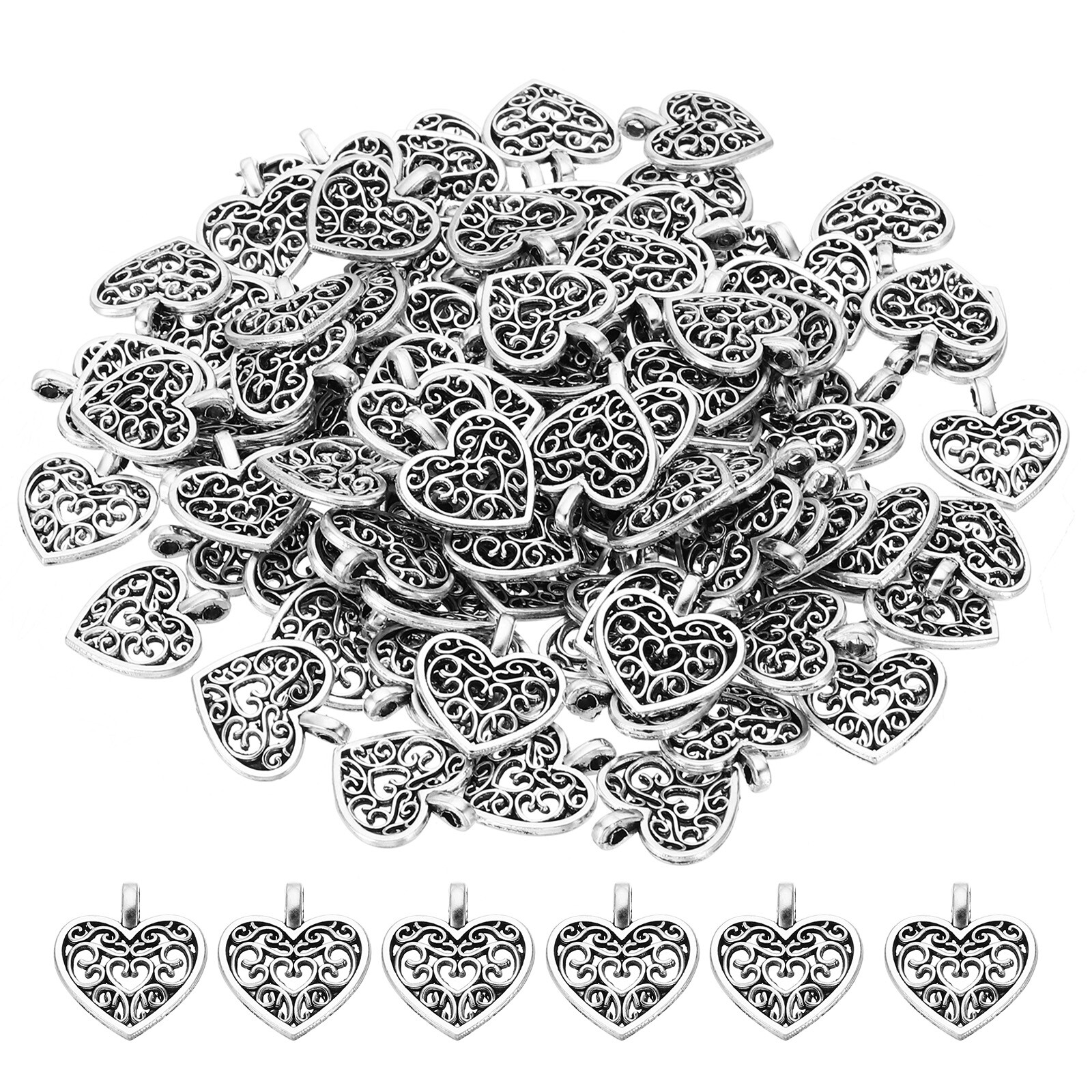 Heart Charm, 100 Pcs Heart Pendants Bulk Mini Heart Charm Hollow,Silver ...