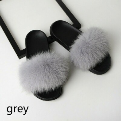 Real Fur Women Slippers Shoes Sandals Sliders Flip Flops Slip on ...
