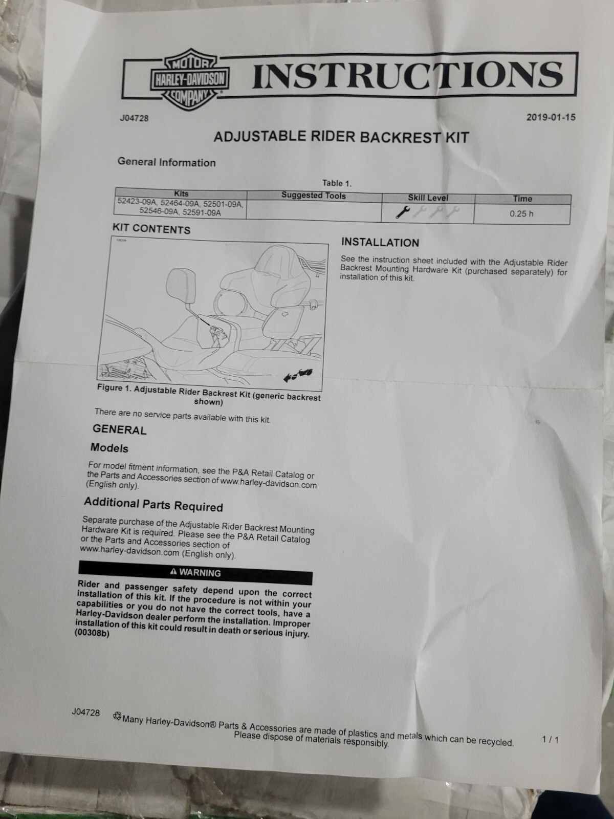 HARLEY DAVIDSON ADJ RIDER BACKREST SMOOTH 52501-09A FITS 97 LTR TOUR ...