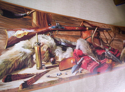 ANTIQUE HUNTING RIFLE, PISTOL, ANTLERS, FRONTIER LODGE PREPASTED BORDER ...