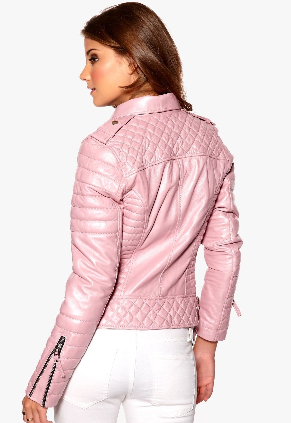 Leather Jacket Women Pink Motorcycle Biker Genuine Sheep Cafe Racer ...