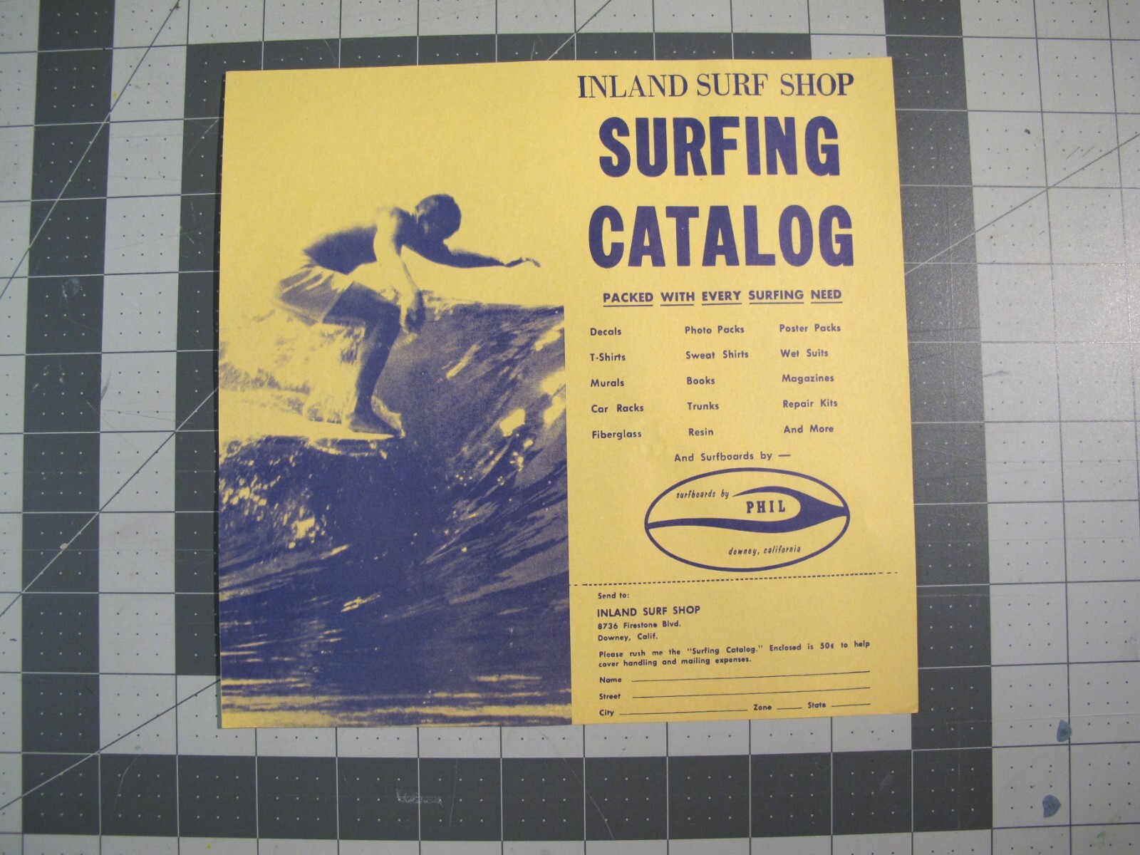 vtg 1960s Surfing Ephemera Phil Surfboards Inland Surf Shop mailer ...