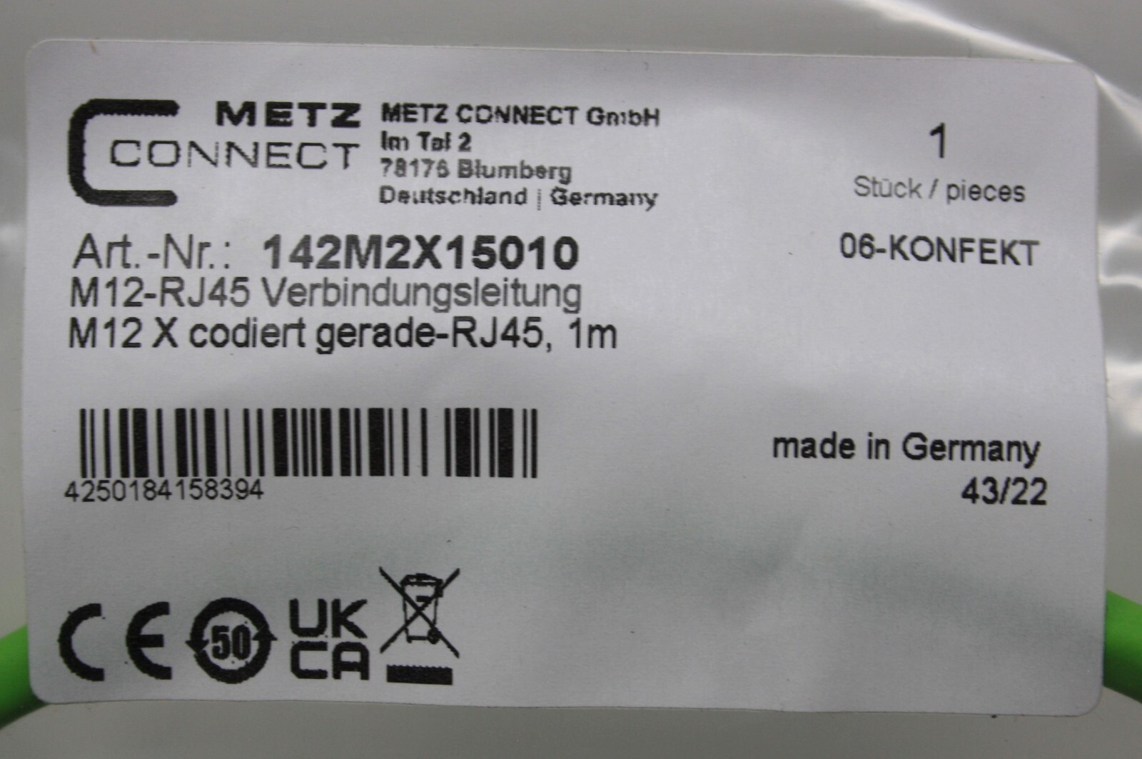 METZ CONNECT 142M2X15010 Sensor Cable, Ethernet, M12 Plug RJ45 Plug, 8 ...