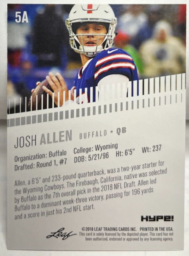 Josh Allen 2018 Leaf HYPE! Rookie Card RC #5A SP - BUFFALO BILLS | eBay
