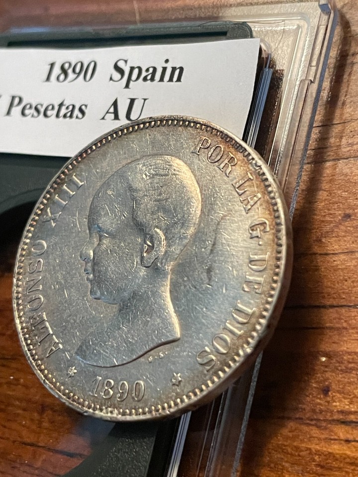 1890 Spain 5 Pesetas Alfonso XIII Baby King World Silver Coin w ...
