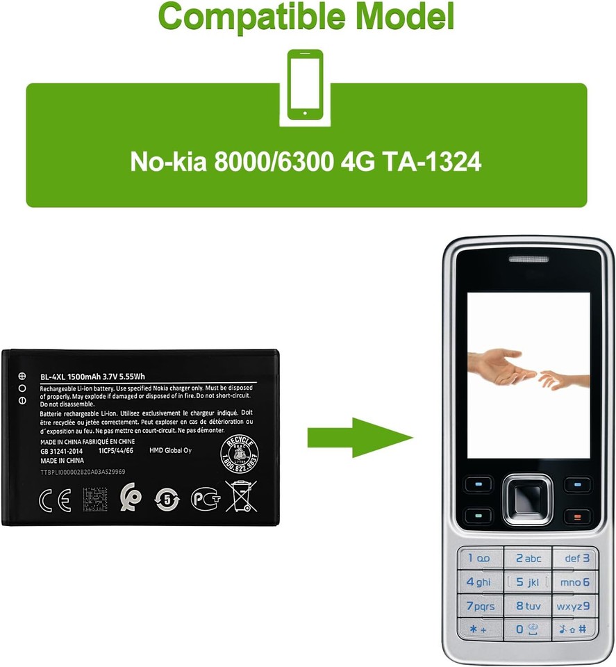 Battery BL-4XL For Nokia 6300 4G/8000 4G TA-1286 TA-1287 TA-1291 TA ...