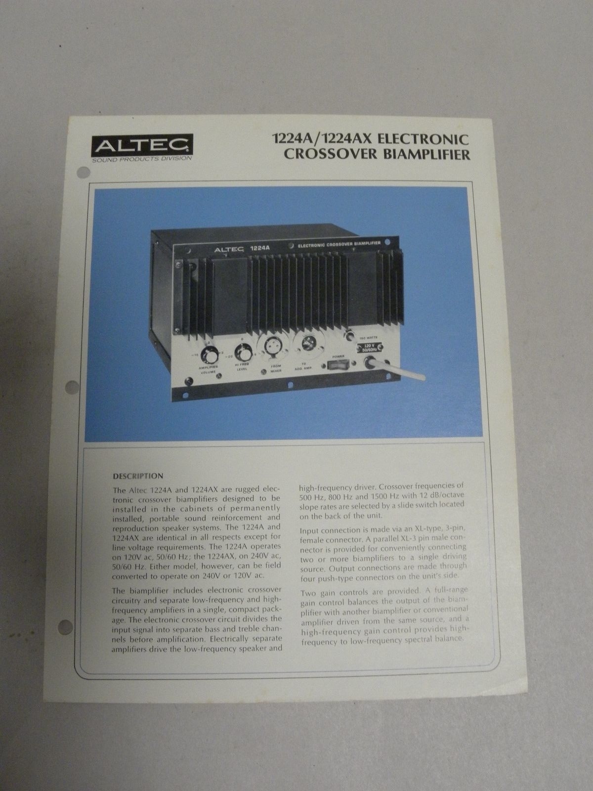 Original Vtg Altec Model 1224A 1224AX Crossover Biamplifier Spec Sheet ...
