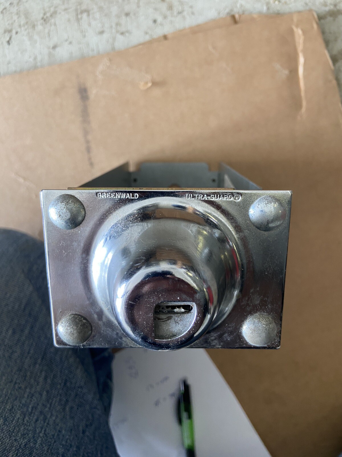 4 Greenwald coin boxes, washers or dryers, 1 Medeco Key. Dimensions 8*3 ...