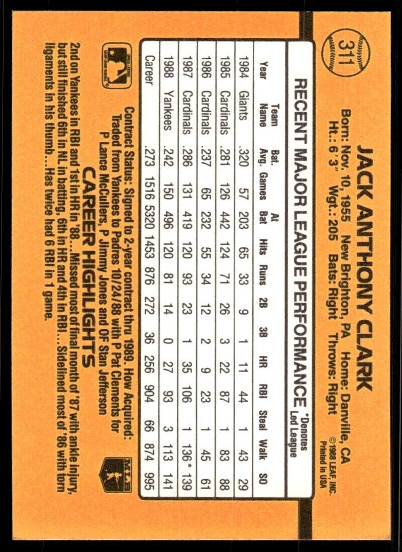 1989 Donruss Jack Clark New York Yankees #311 | eBay