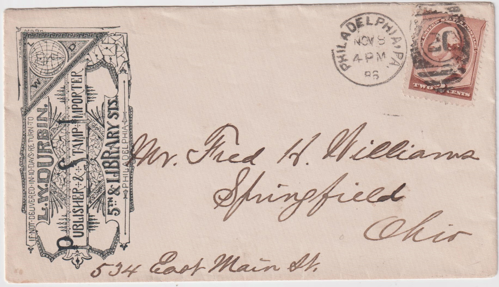 Philadelphia PA 1886 Illus Advt LW Durbin Pub Stamp Importer cover ...