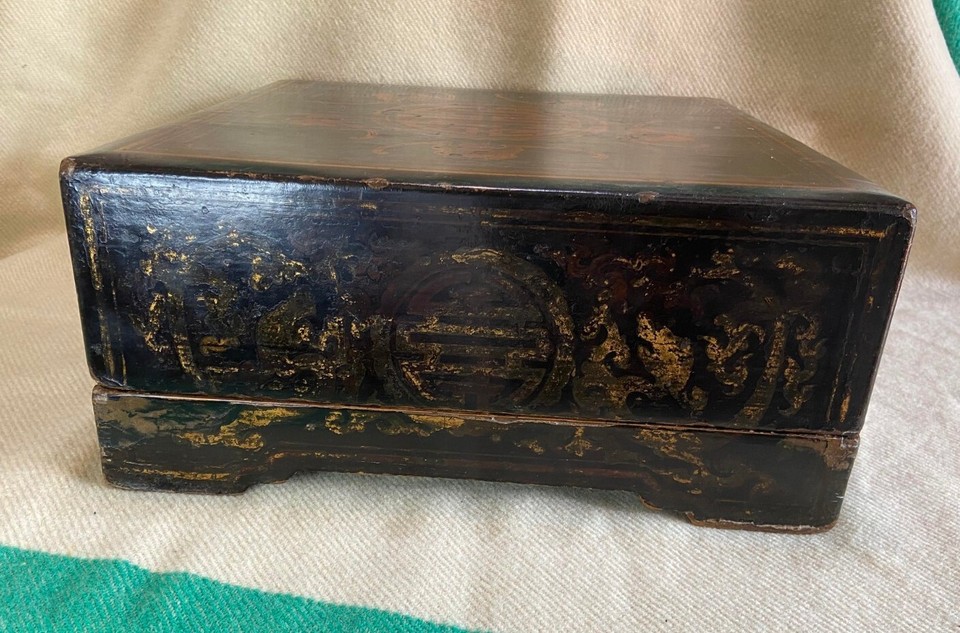 Antique Chinese Laquer Box Bats 1800 Lucky Long life Shou Black gold 5 ...