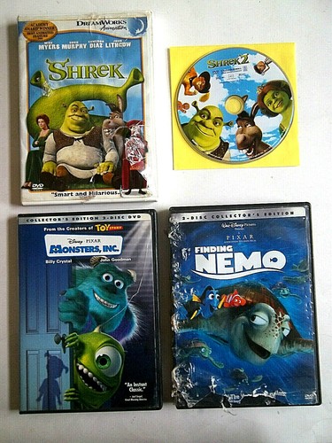 Lot of 4 Kids Childrens DVDs, Shrek, Shrek 2, Finding Nemo, Monsters ...