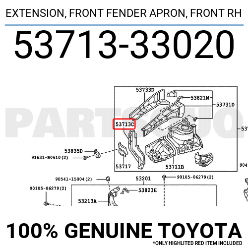5371333020 Genuine Toyota EXTENSION, FRONT FENDER APRON, FRONT RH 53713 ...