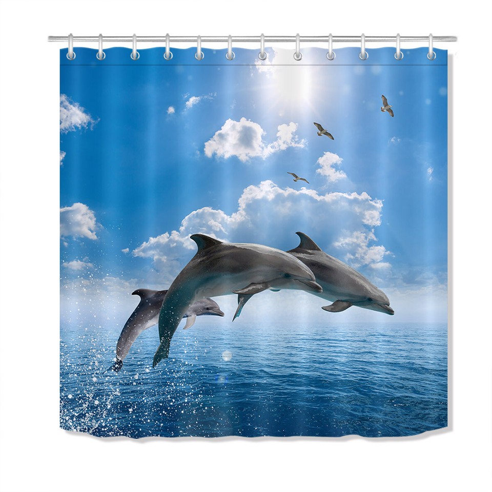 72x72" Dolphins Jumping out of Blue Sea Fabric Shower Curtain Set ...