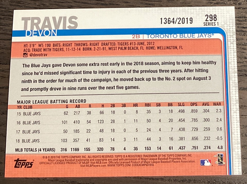 2019 Topps Series 1 Devon Travis #298 Gold Parallel /2019 Blue Jays ...