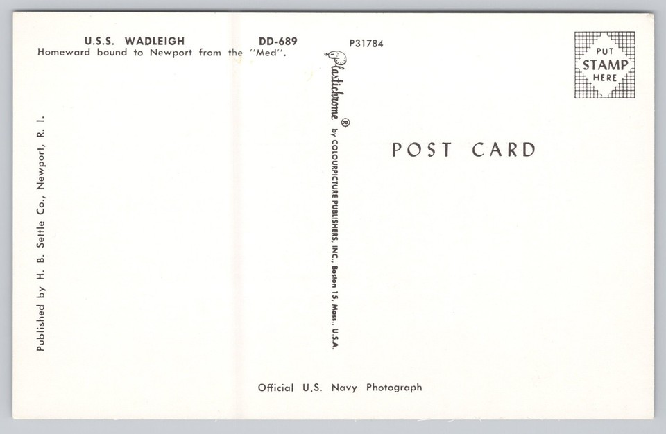 Postcard Navy U.S.S. Wadleigh DD-689 Homeward Bound to Newport from the ...