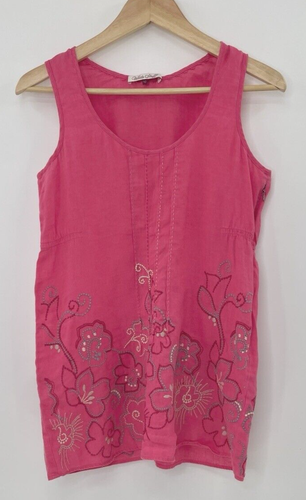White Stuff Women’s 100% Linen Floral Embroidered Pink Tank Top Size 10 ...