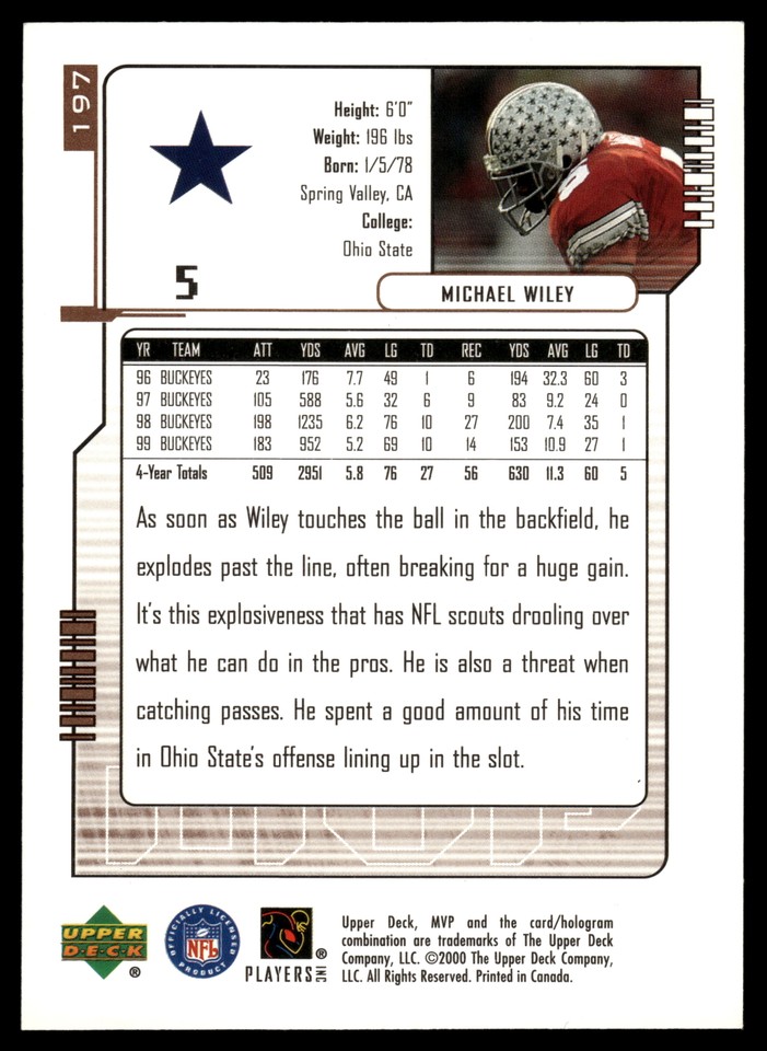 2000 Upper Deck MVP Michael Wiley #197 Dallas Cowboys RC Football Card ...