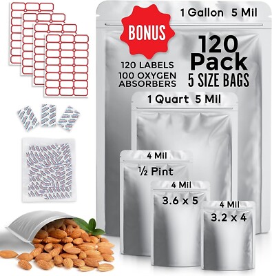 120 PC Stand Up Mylar Bags for Long Term Food Storage Prep with Oxygen ...