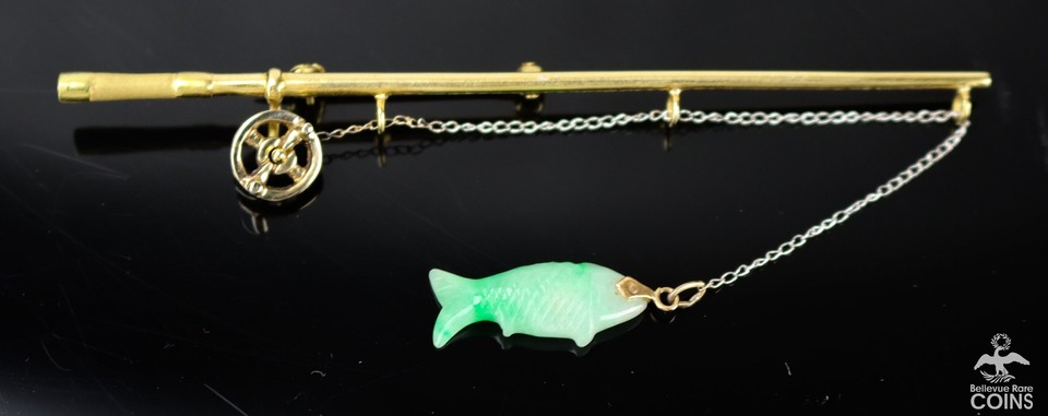 14k Yellow Gold 3D Vintage Fishing Rod w/ Chain & Jade Fish Brooch | eBay