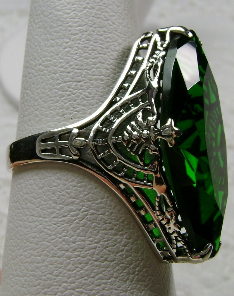 Simulated Emerald Ring Art Deco style Sterling Silver Filigree US ...