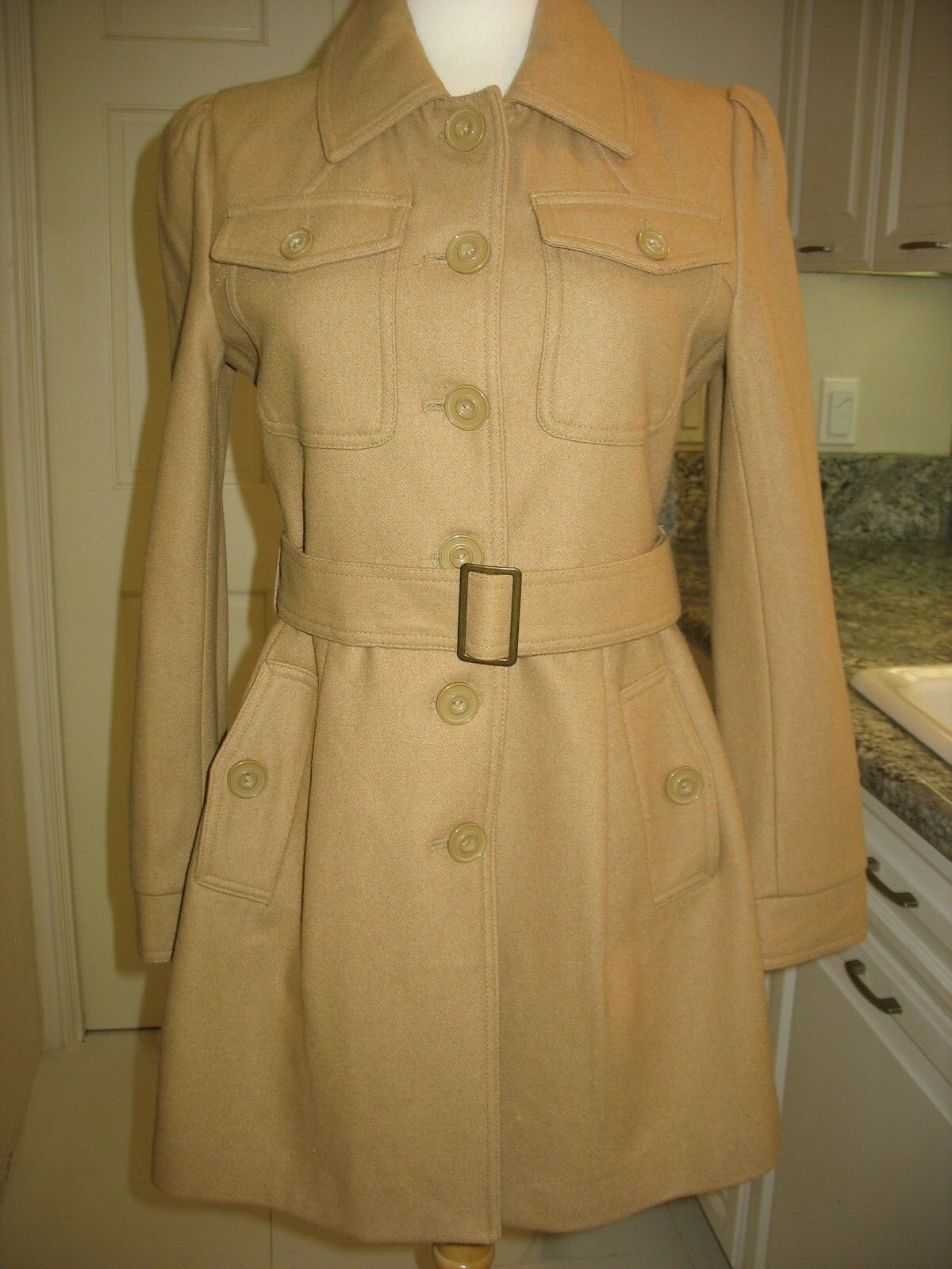 CAMEL COLOR MILITARY-INSPIRED BELTED WOOL-BLEND COAT … - Gem