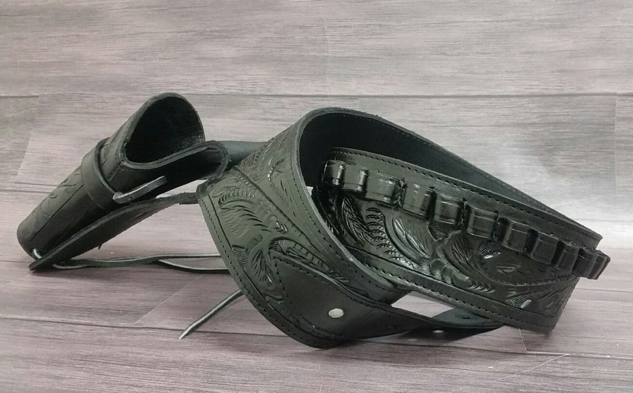 Western Leather Holster Gun Belt 44 / 45 Black Hand Made Cowboy ...