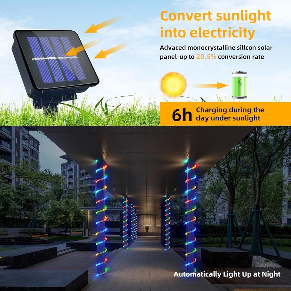 Solar powered led rope patio string fairy lights waterproof outdoor ...