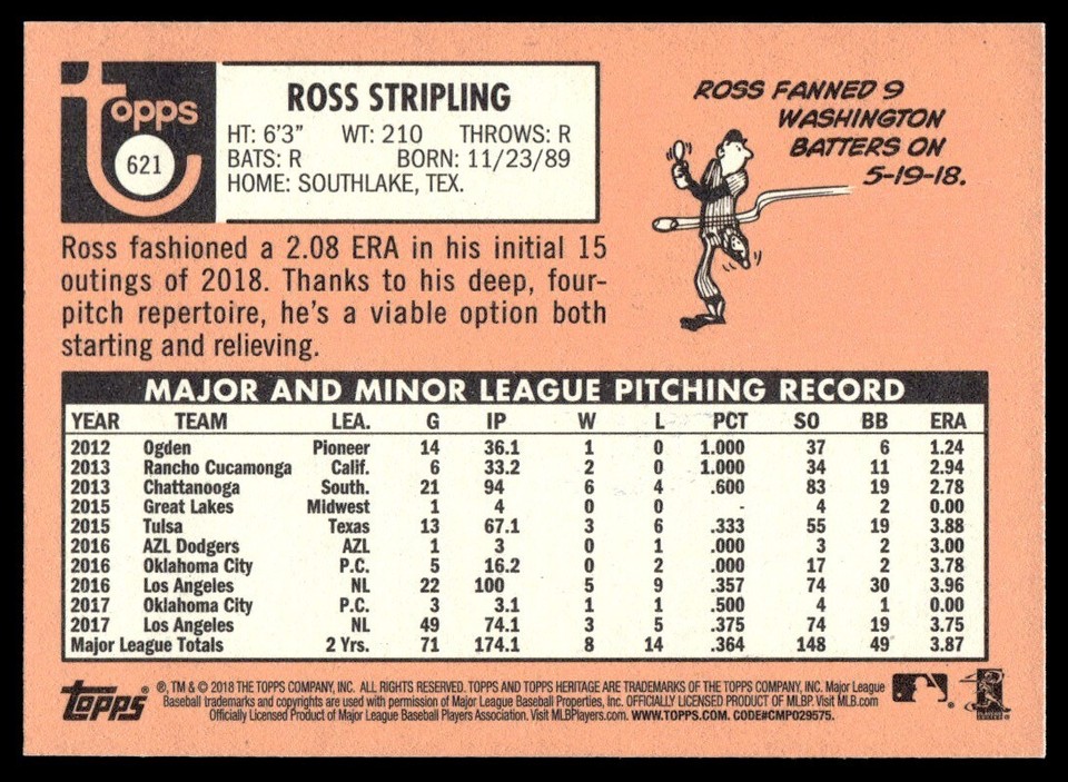 2018 Topps Heritage Baseball Ross Stripling Los Angeles Dodgers #621 ...