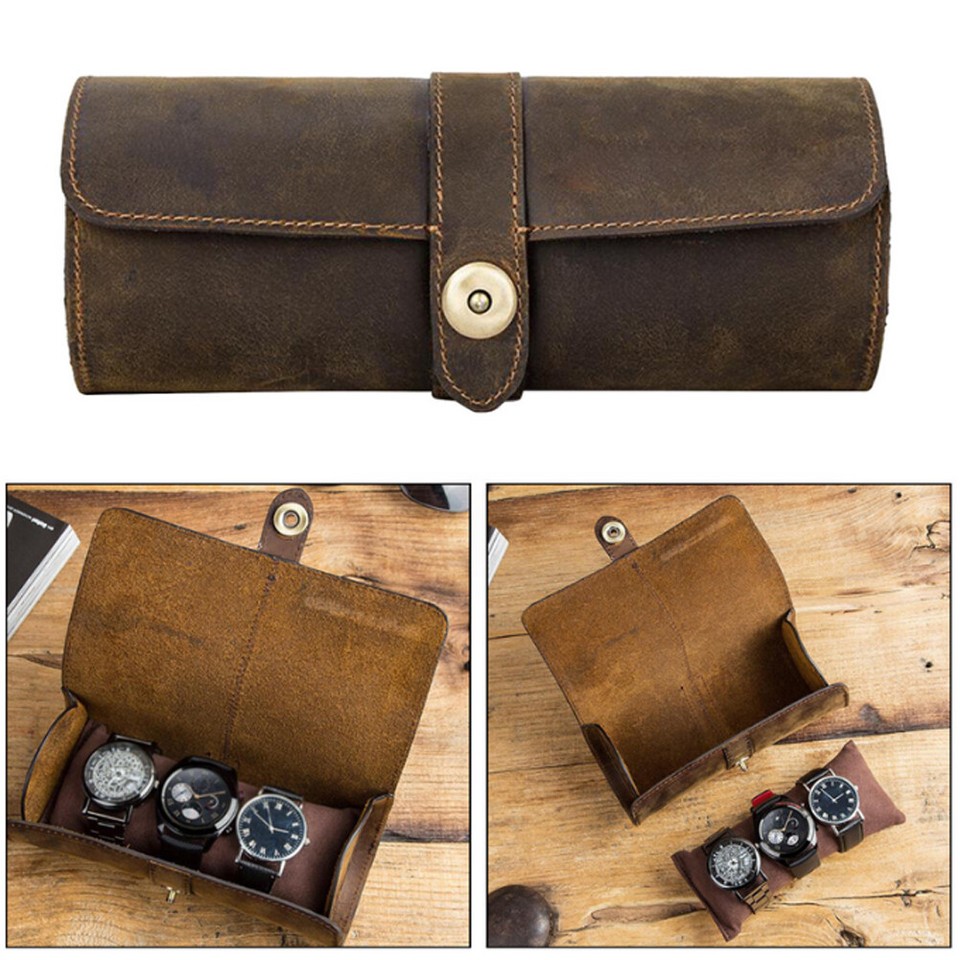 3 Slot Genuine Leather Watch Roll Display Watch Storage Box Vintage ...