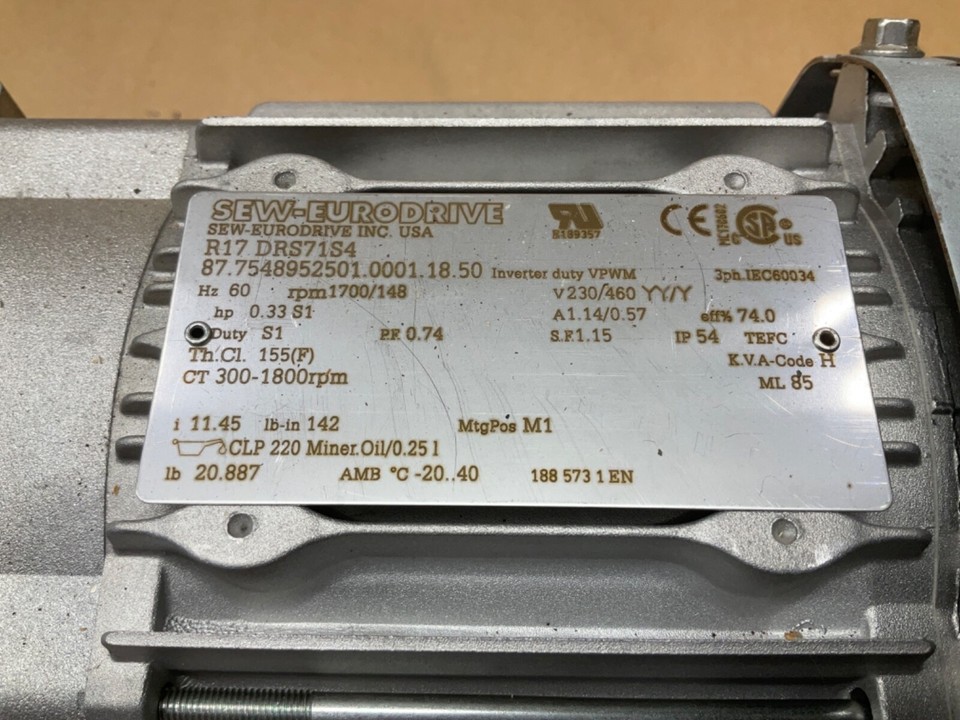 Sew Eurodrive R17 DRS71S4 Gear Motor .33hp 230/460V NEW #08C74PR4*IAC ...