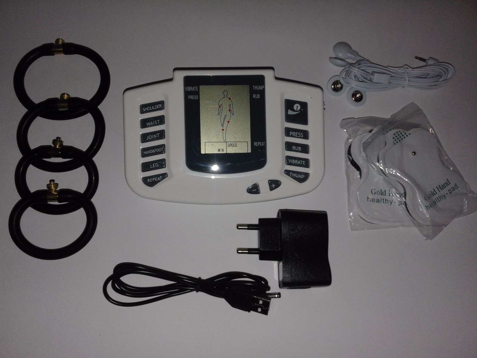 ELECTRO TENS EMS ESTIM HIGH POWER USB LCD UNIT WITH 4 RINGS & 16 PADS ...