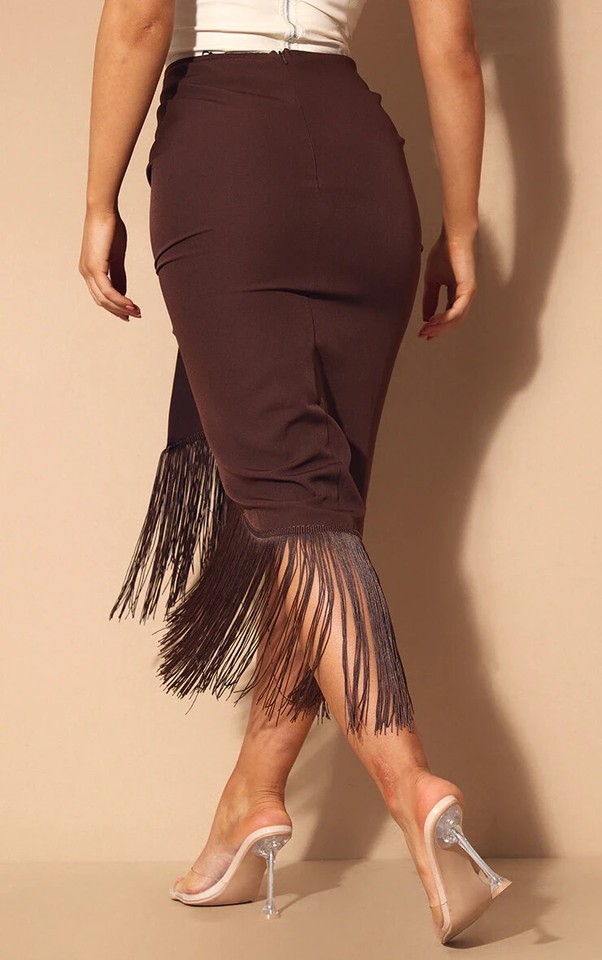 Pretty Little Thing PLT Tassel Hem Midi Skirt Size 6 Chocolate Brown ...