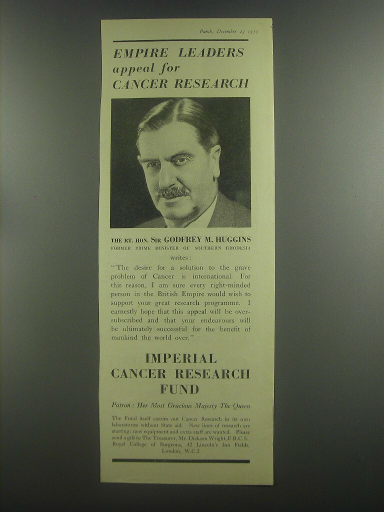 1953 Imperial Cancer Research Fund Ad - Sir Godfrey M. Huggins | eBay