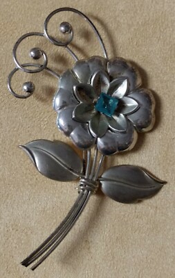 Antique ~ Harry Iskin ~ LARGE FLOWER BROOCH / PIN ~ Silver with Aqua ...
