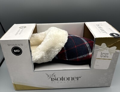 ISOTONER Slippers Sz 6.5 To 7.5 Women Plaid Navy Blue Red Faux Fur Trim ...