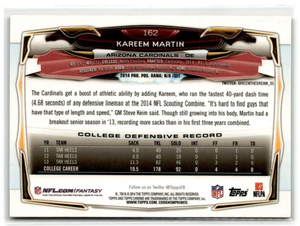 Kareem Martin Arizona Cardinals 2014 Topps Chrome Orange Refractors ...