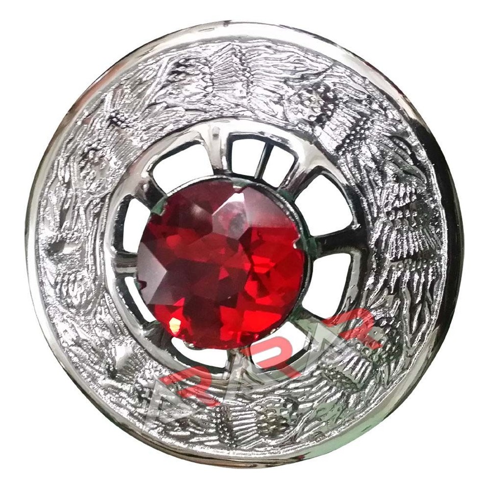 Scottish Kilt Fly Plaid Brooch Stone 3" Thistle Design Chrome Finish ...