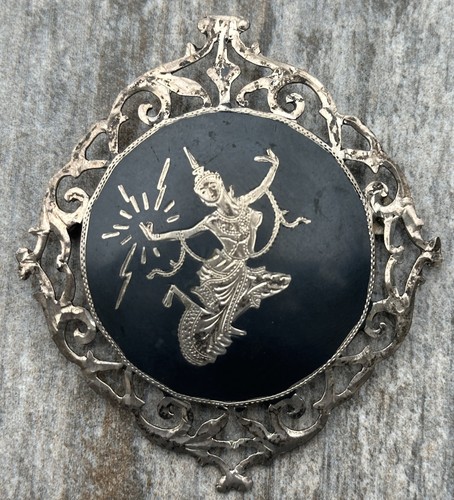 Vintage Siam Sterling Silver Pin Brooch Niello Hindu Goddess Mekkala ...