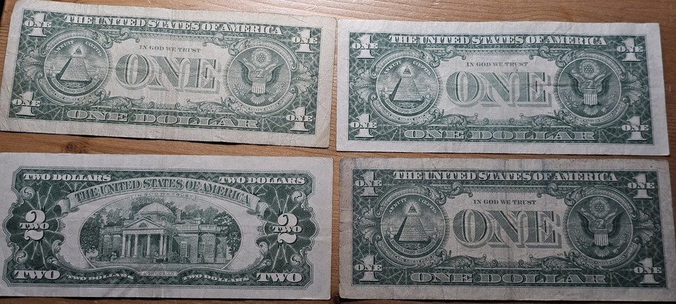 A STAR Note Lot. 4 Different, 1957 To 1963. Blue And Red Seal, $1 & $2 ...