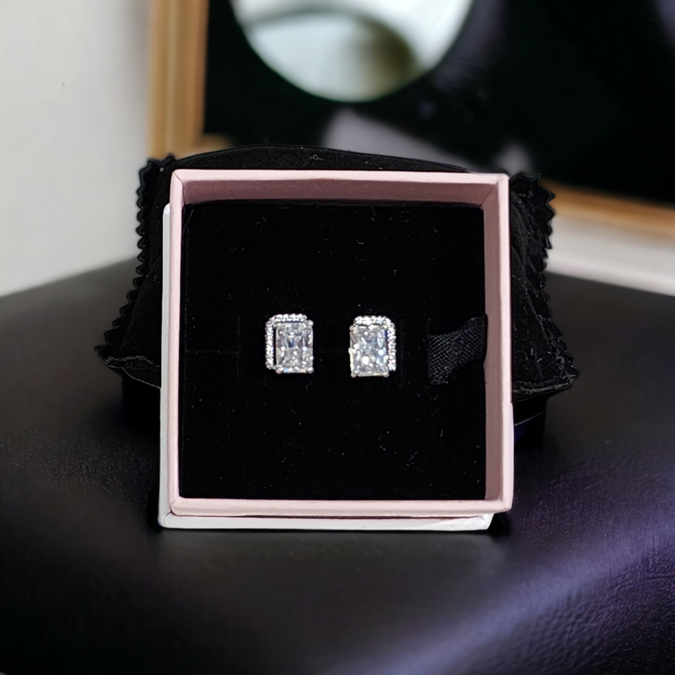 Authentic Pandora 292380C01 Rectangular Sparkling Halo Stud Earrings w ...