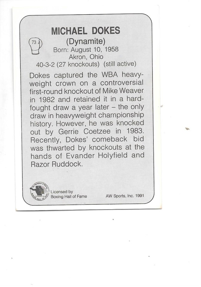 Michael Dokes 1991 All World AW Sports Boxing Ttrading Card #73 | eBay