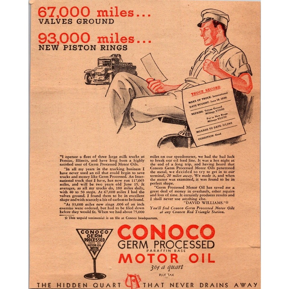 Conoco Germ Processed Paraffin Base Motor Oil The Hidden Quart 1932 Ad ...