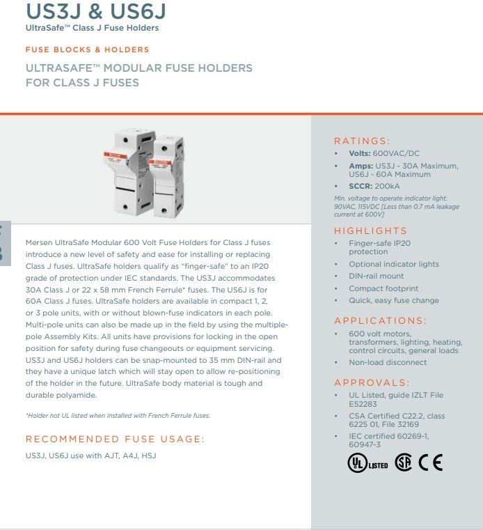 MERSEN FERRAZ SHAWMUT US3J1I FUSEHOLDER FOR 30A CLASS J FUSE | eBay