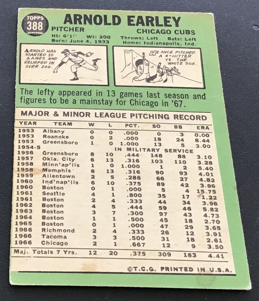 1967 Topps Baseball Trading Card #388 Arnold Earley VG | eBay