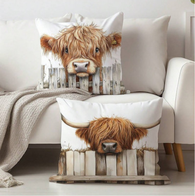 Set of 2 Rustic Highland Cow Cushion Covers Spring Farmhouse Home Decor ...