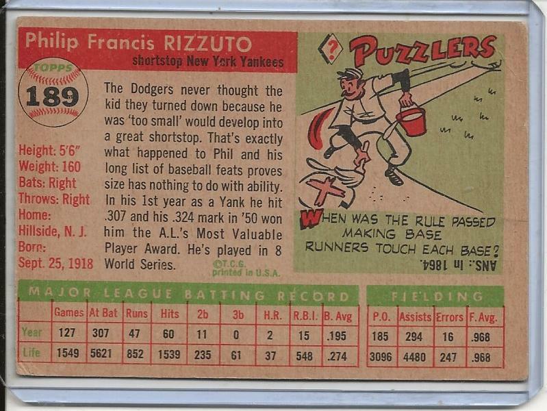 1955 Topps Baseball Card Phil Rizzuto H/O/F Phil Rizzuto Yankees EX ...