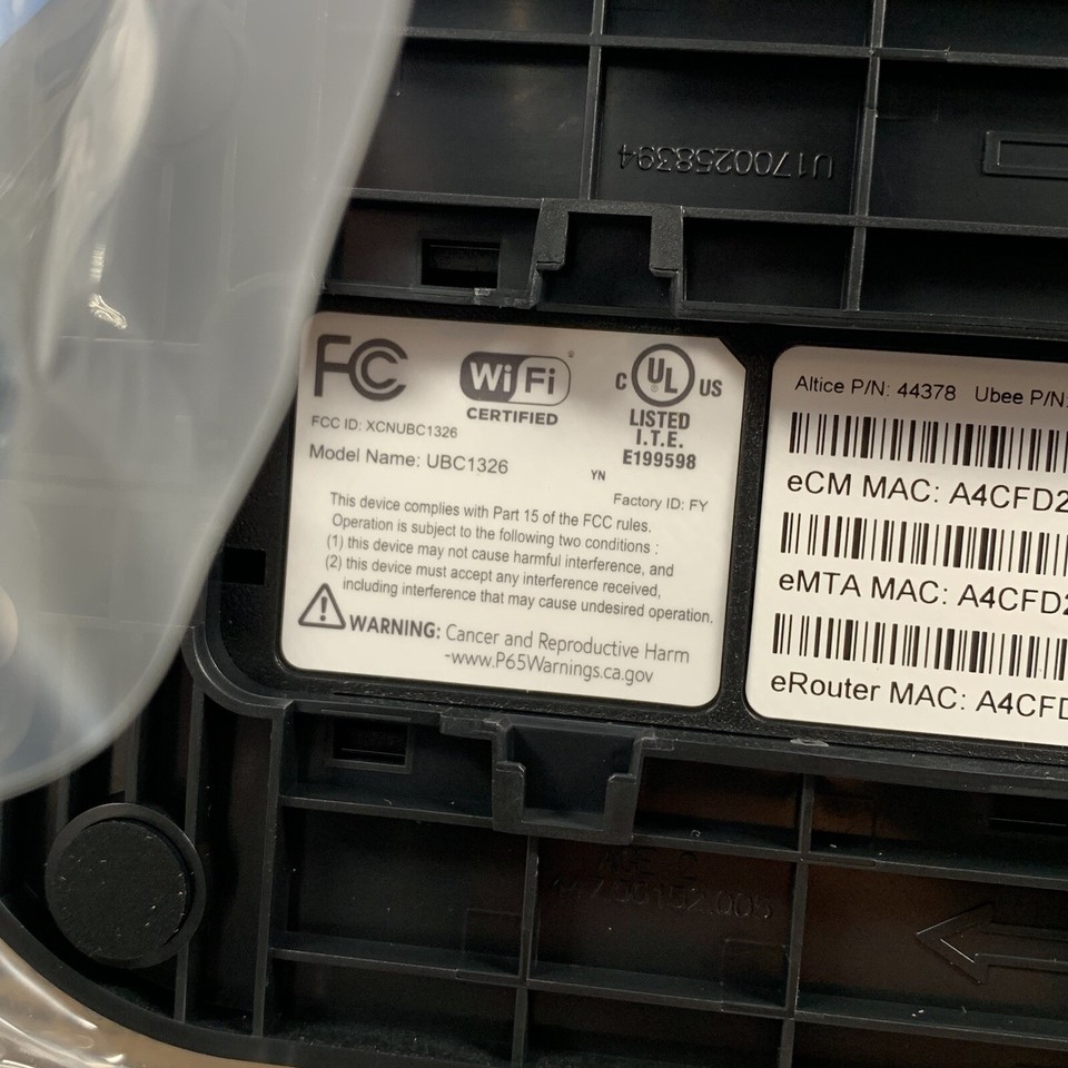 Altice Gateway Optimum Internet WiFi Phone UBC1326AA00 DOCSIS 3.1 ...