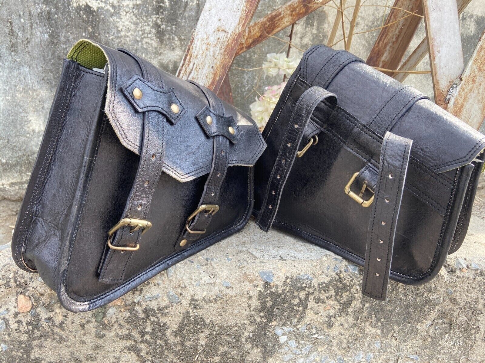 3 Black Saddle Bag Real Leather Swing Arm 2 Side Bag 1 Tool Pouch ...