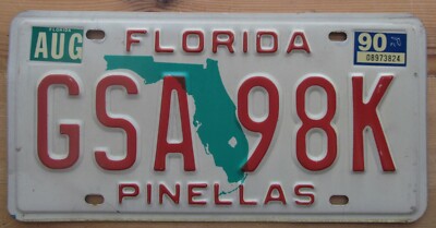 Florida 1990 PINELLAS COUNTY License Plate HIGH QUALITY # GSA 98K | eBay